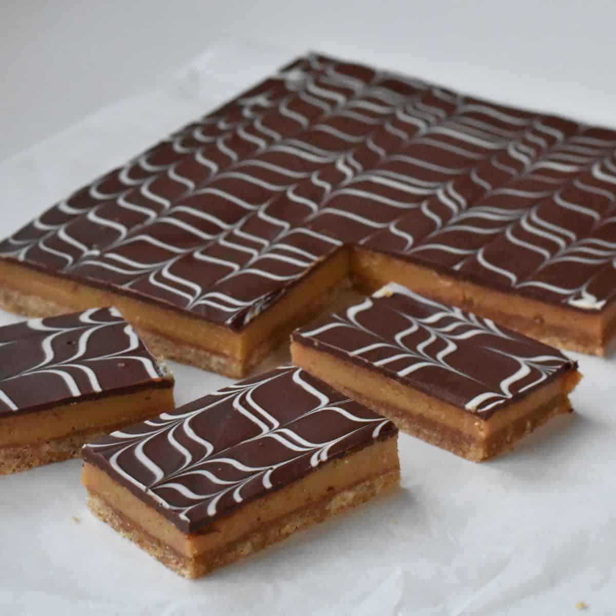 Caramel Slice with Marbled Chocolate Topping - Baking Envy